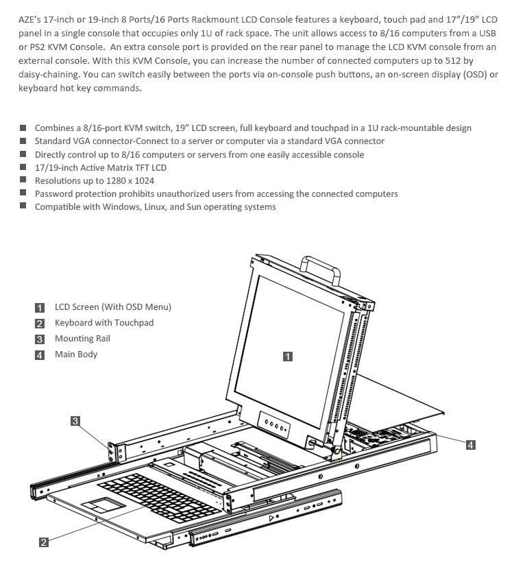 17 Inch 8 Port Rack Mount Console Kvm Solutions With Lcd Console