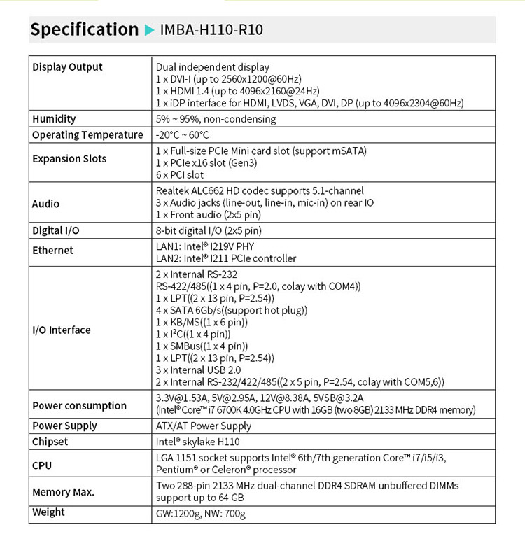 Iei Imba-h110 Atx Motherboard For 6th Gen Intel Core I7/i5/i3, Celeron, And Pentium Processors ...
