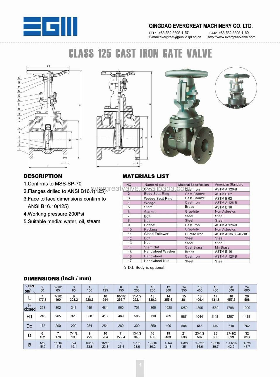 Ansi Class 125 Cast Iron Gate Valve With Rising Stem, High Quality Ansi Class 125 Cast Iron Gate ...