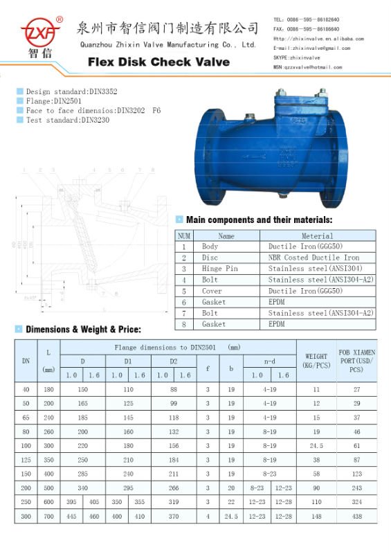 Din3202 F6 Swing Check Valve - Water Ductile Iron Body, Size Dn50-dn300, Pressure Pn10/16, High ...