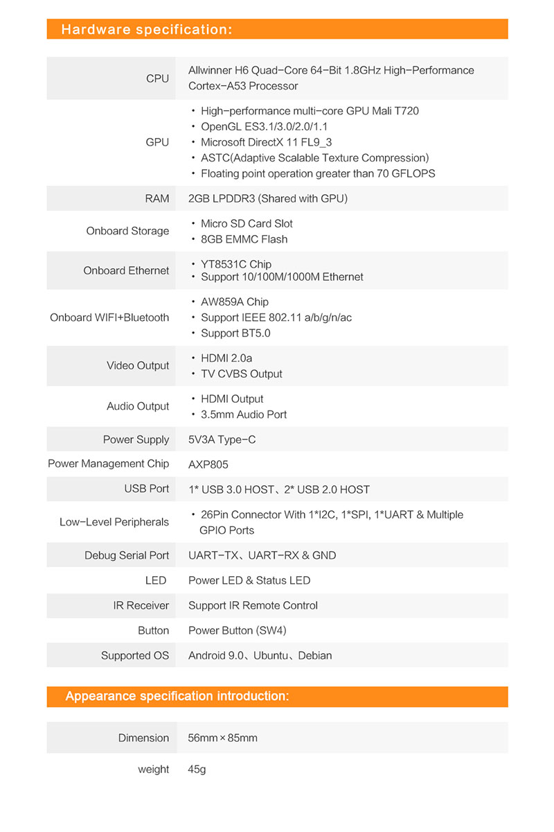 Orange Pi 3 Lts 2g/8g Emmc, Allwinner H6 Soc, Open Source Board Computer - Supports Android 9.0 ...