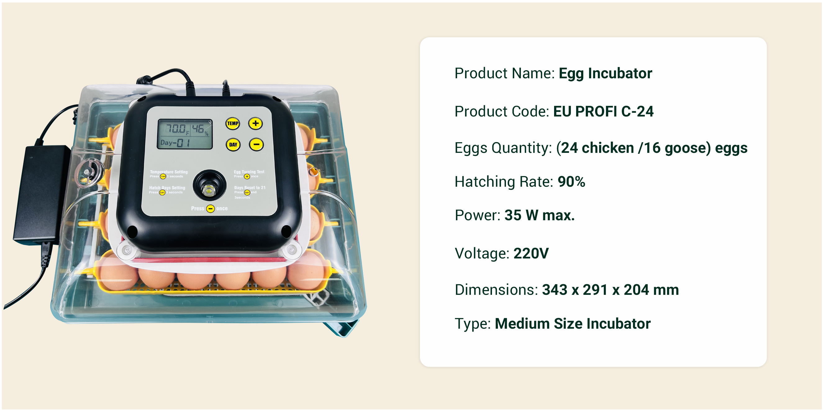 Eu Profi C-24 Egg Incubator With Advanced Temperature Control And Automatic Egg Turner, High ...