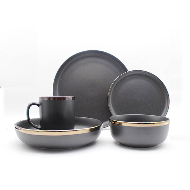 Luxurious Black Stoneware Dinnerware Set With Gold Edge, High Quality Luxurious Black Stoneware ...