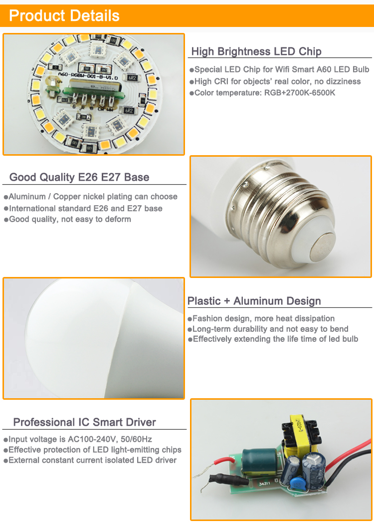Tuya Wifi No Hub Required A60 Led Rgb Bulb - Globe 2700k 6w 9w 2835 Smd E27 E26 85v-265v, High ...