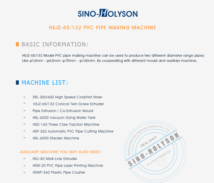 Sino-holyson Water Supply Pvc Pipe Making Machine, High Quality Sino-holyson Water Supply Pvc ...