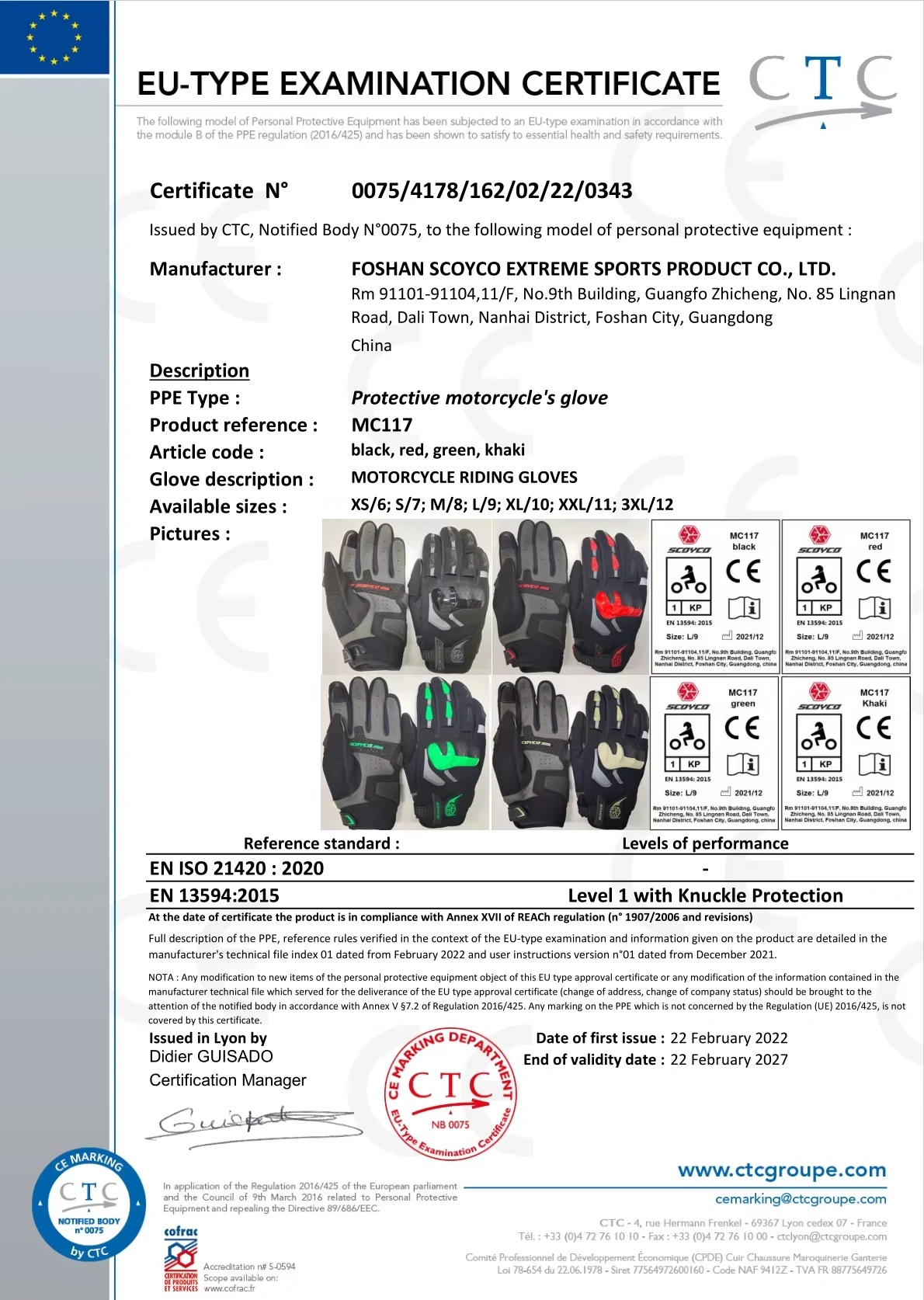 Certificates - Foshan Scoyco Extreme Sports Product Co., Ltd.