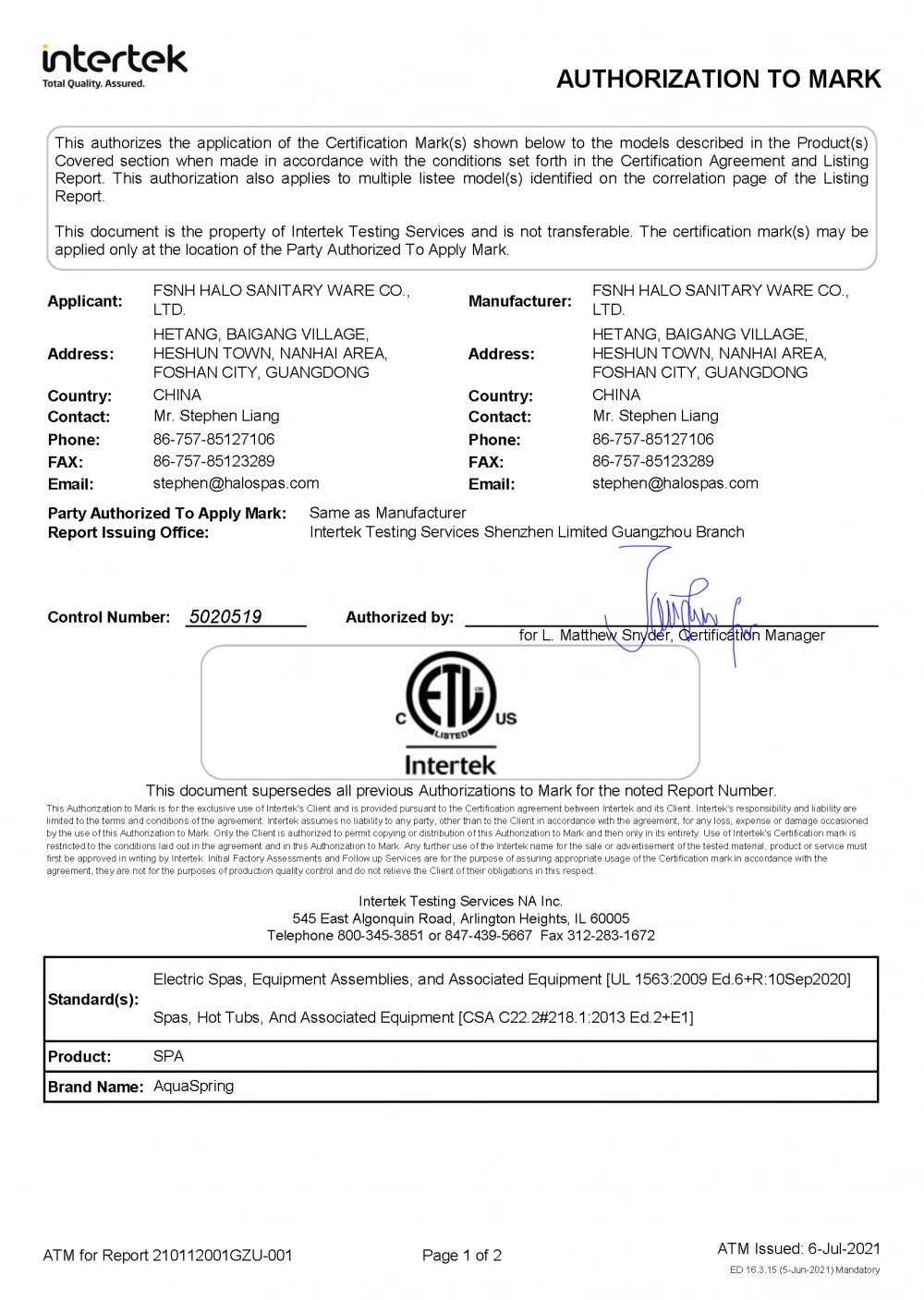 Certificates - Foshan Nanhai Halo Sanitary Ware Co., Ltd.