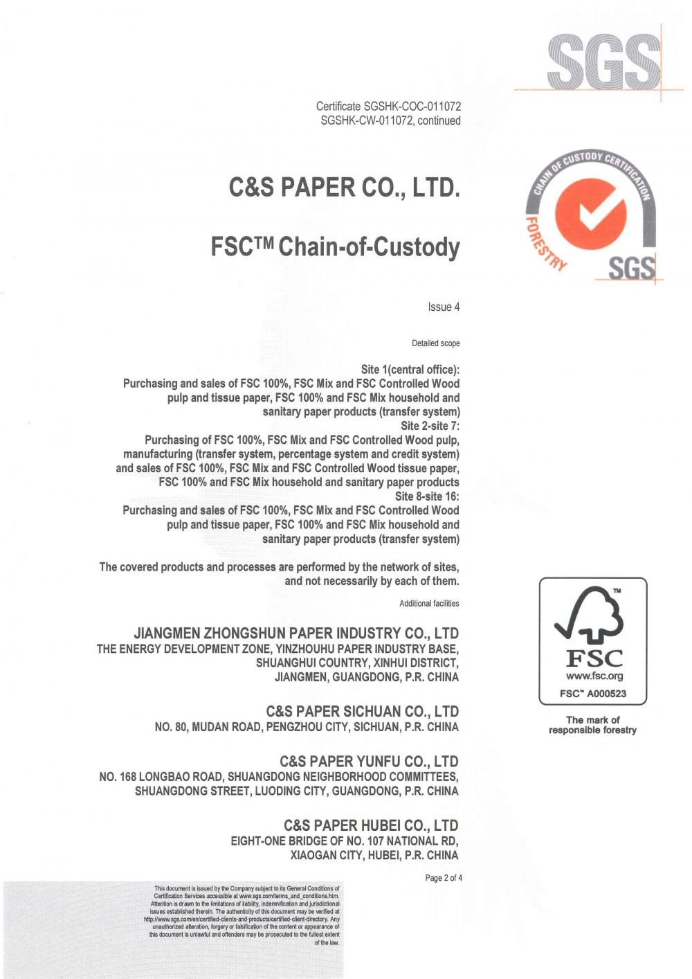 Certificates - C&S PAPER CO ., LTD