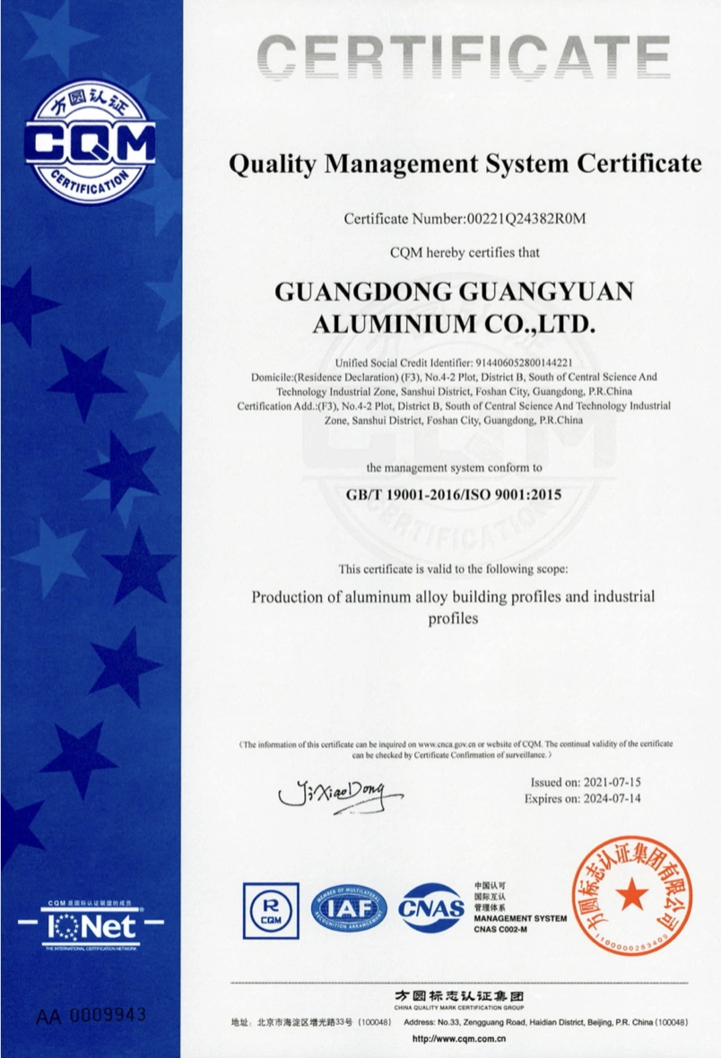 Certificates - Guangdong Guangyuan Aluminum Co.，LTD