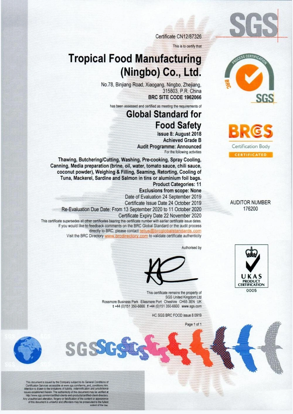Certificates - Tropical Food Manufacturing (Ningbo) Co., Ltd.