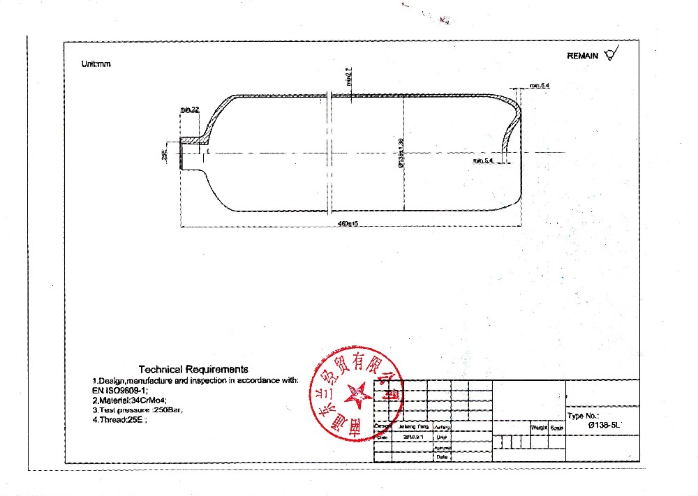 34crmo4 5l Co2 Gas Cylinder With 250bar Pressure, High Quality 34crmo4 ...