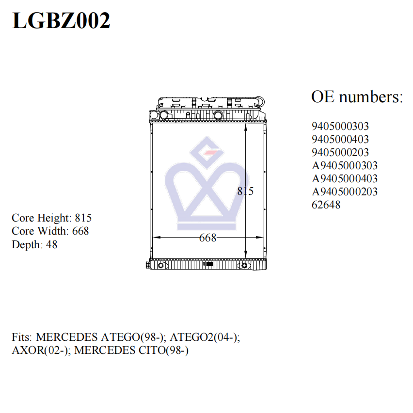 Mercedes Truck Radiator, 9405000303, 9405000403, 9405000203, Lgbz002 ...