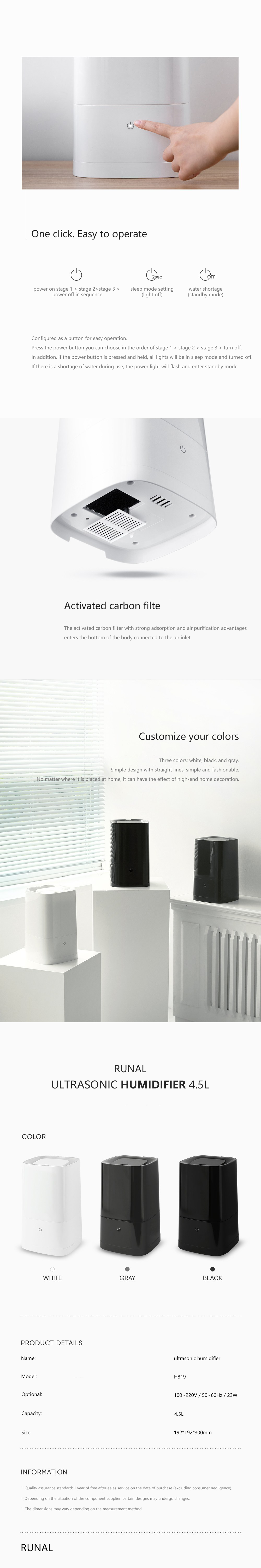 Runal H819t 4.5l Transparent Water Tank Ultrasonic Humidifier With Led ...