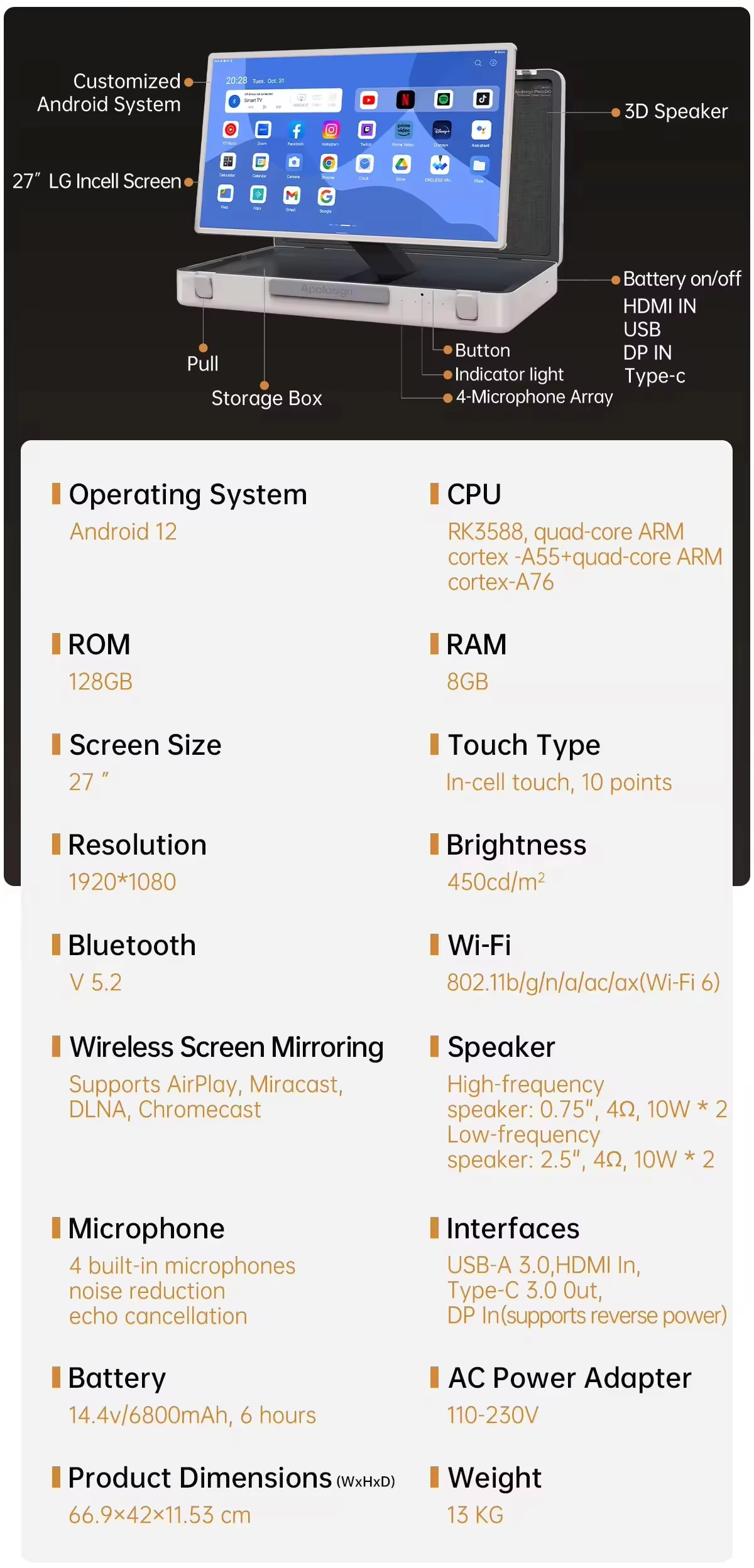 27 Inch Movable Wifi6 Touch Screen Smart Tv Tablet For Gaming, High ...