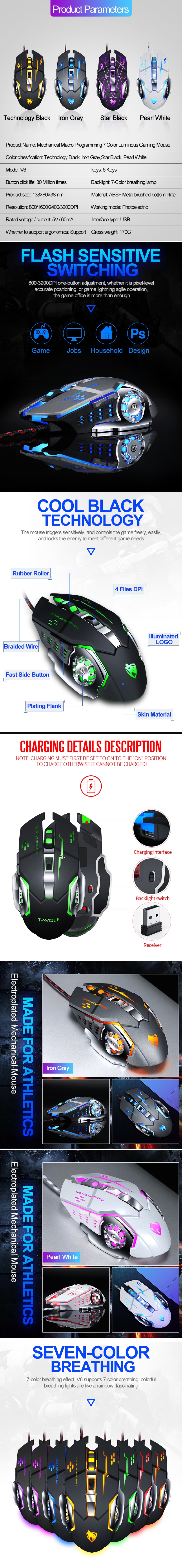Gaming Wireless Mute Luminous Mechanical Rechargeable Mouse, High ...