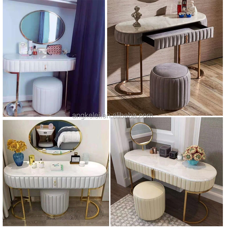 Grey Gold Velvet Dressing Table Set With Stool And Mirror, High Quality ...