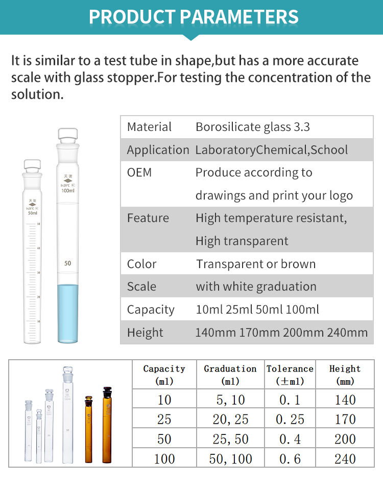 Nessler Glass Colorimetric Tubes: 10ml, 25ml, 50ml, 100ml - Clear ...