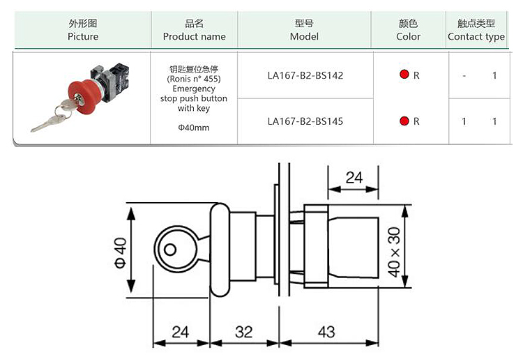 Red Emergency Stop Push Button Switch With Key, 40mm, La167-b2-bs142 ...