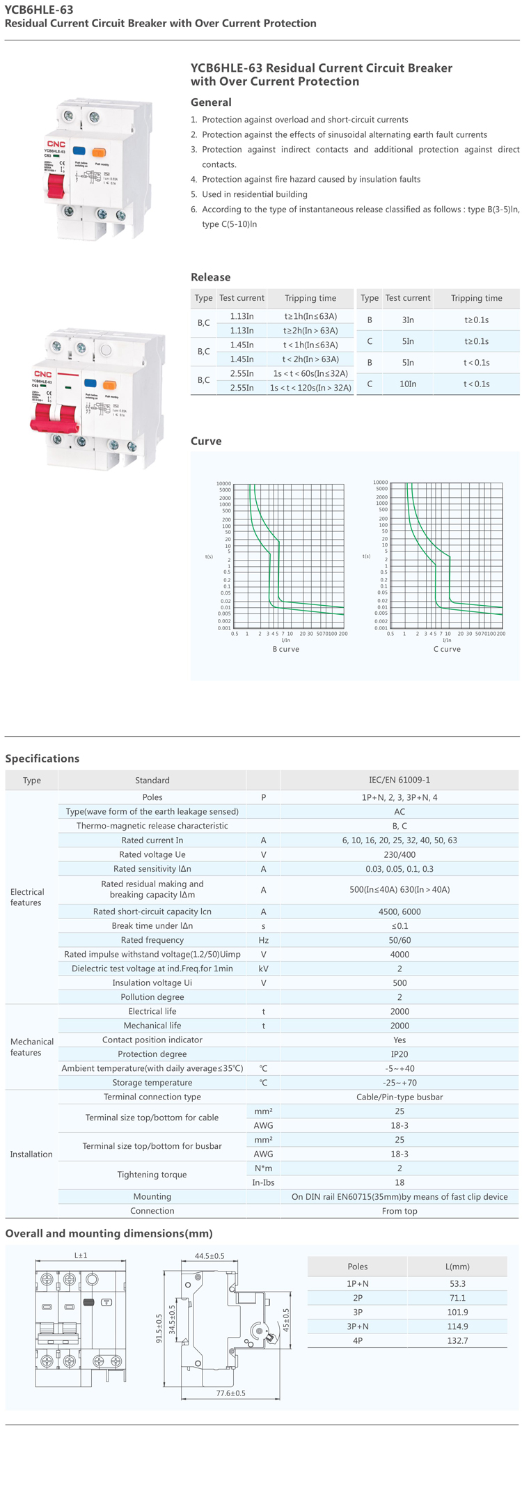 63a Rcbo Circuit Breaker 1p 2p 3p 4p Ycb6hle-63 4.5ka, High Quality 63a ...