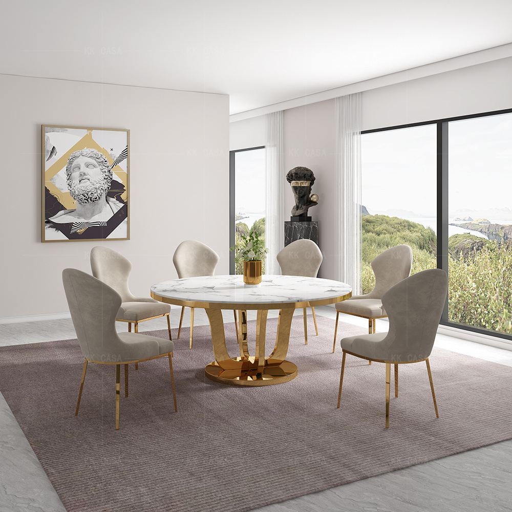 Marble Golden Base Round Dining Table Set With Velvet Seats, High ...