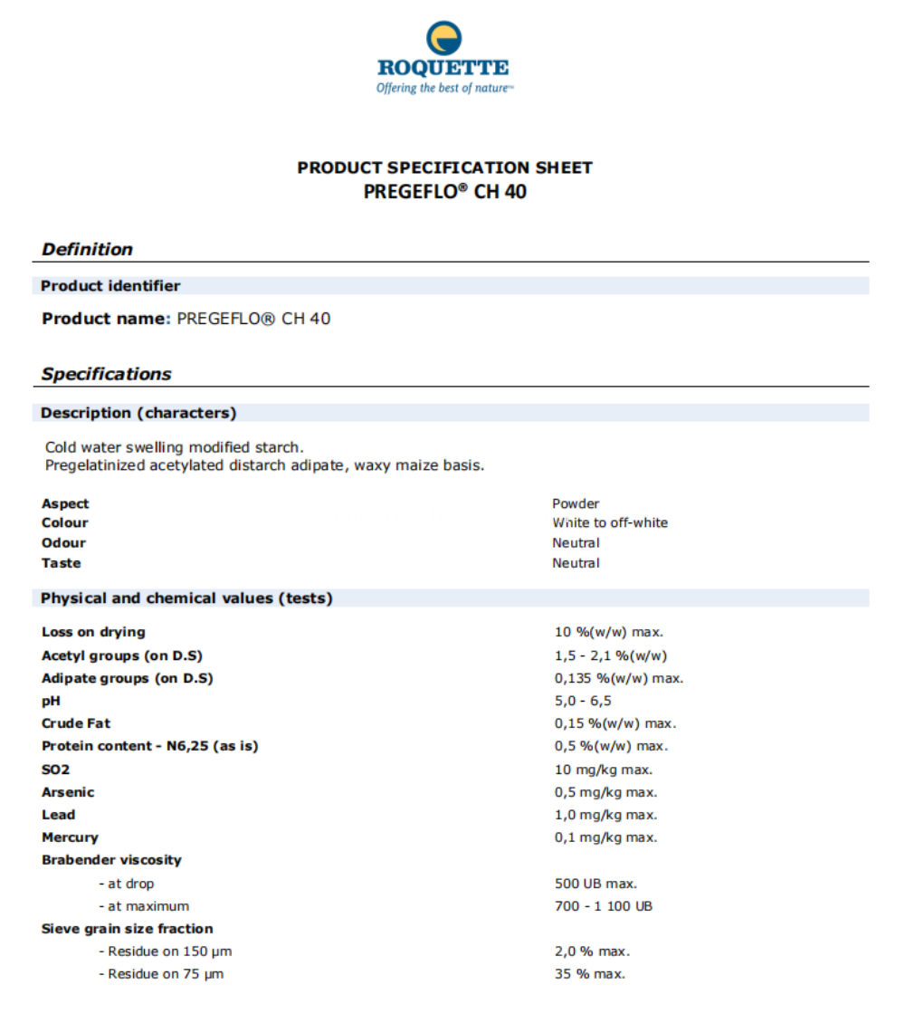 Roquette Modified Corn Starch Pregeflo Ch40 E1422, kualitas tinggi ...