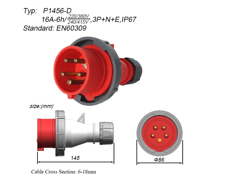 Ip67 16a 380v 3p+n+e Industrial Plug And Socket P1456-d, High Quality ...