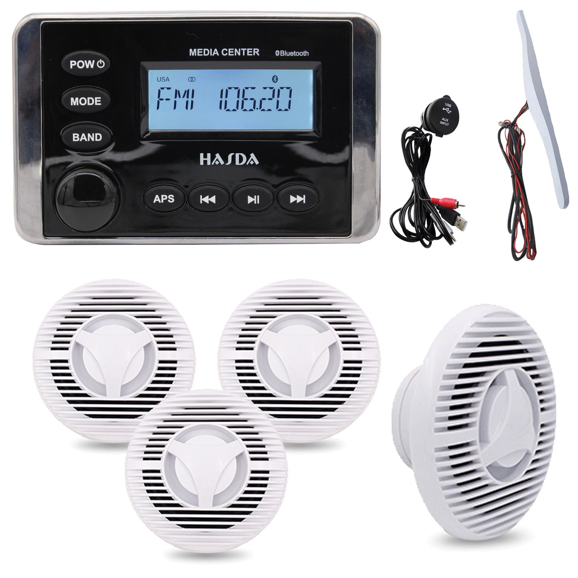 Hasda 6.5 Inch Waterproof Marine Speakers With Bluetooth, Usb, And ...