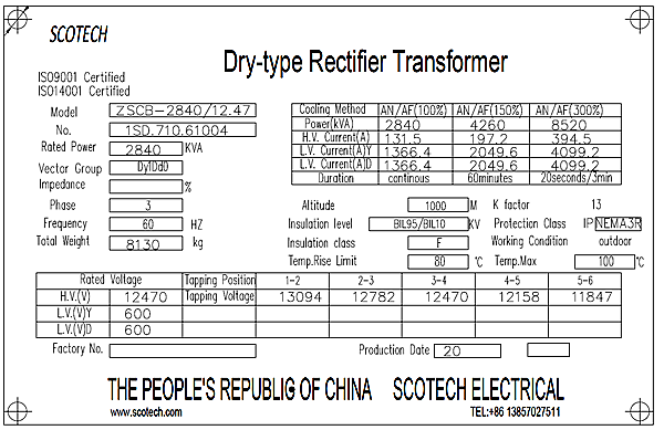 2840KVA 12.47/0.6KV dry type traction rectifier transformer China Manufacturer
