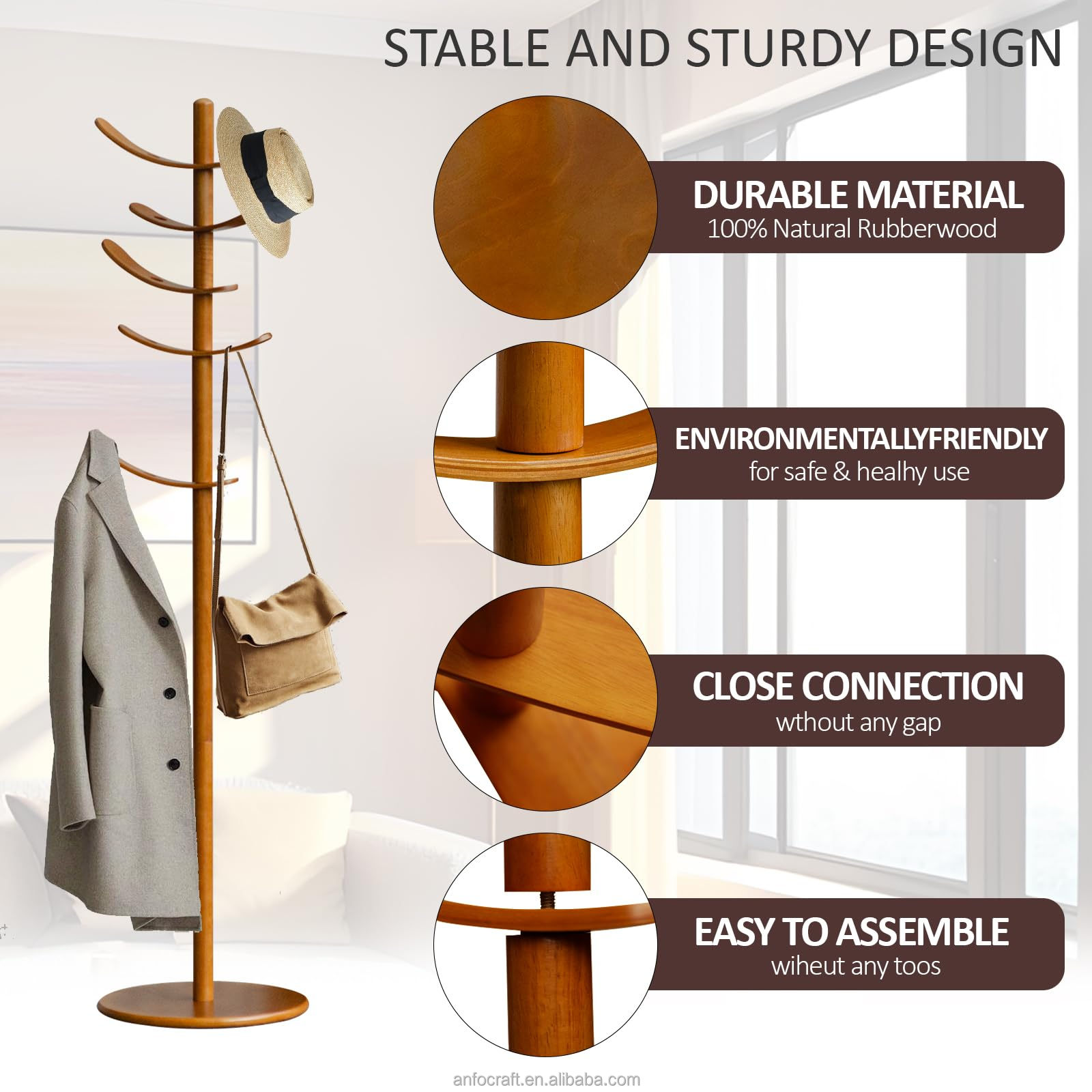 8-hook Freestanding Wood Coat Rack With Height Options For Easy ...