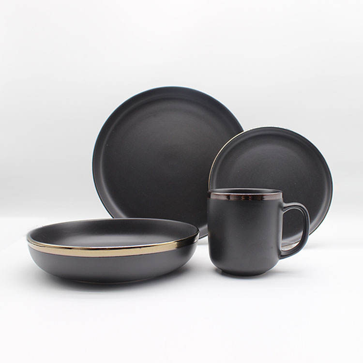 Luxurious Black Stoneware Dinnerware Set With Gold Edge, High Quality ...