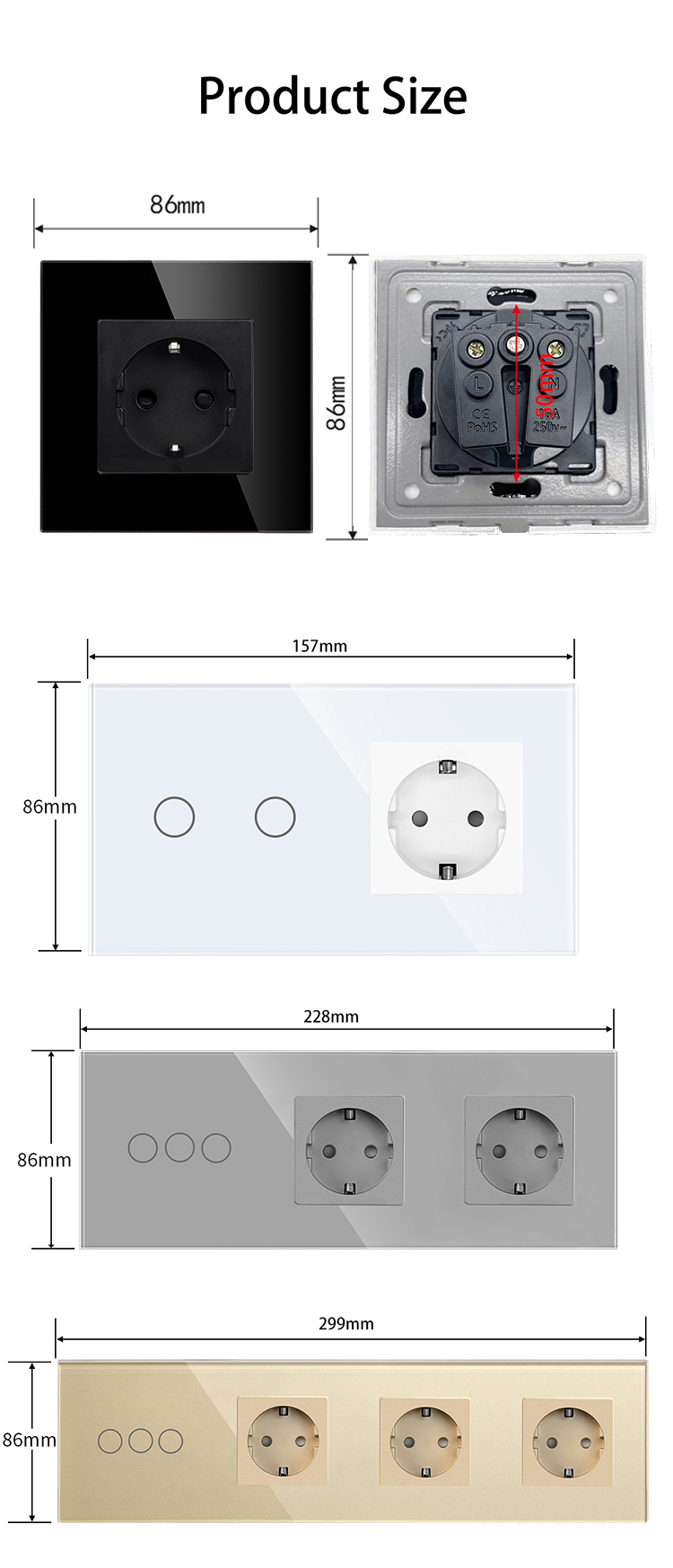 Eu 1 Way Wall Sensor Switch Socket With 3gang Touch Light And Blue ...