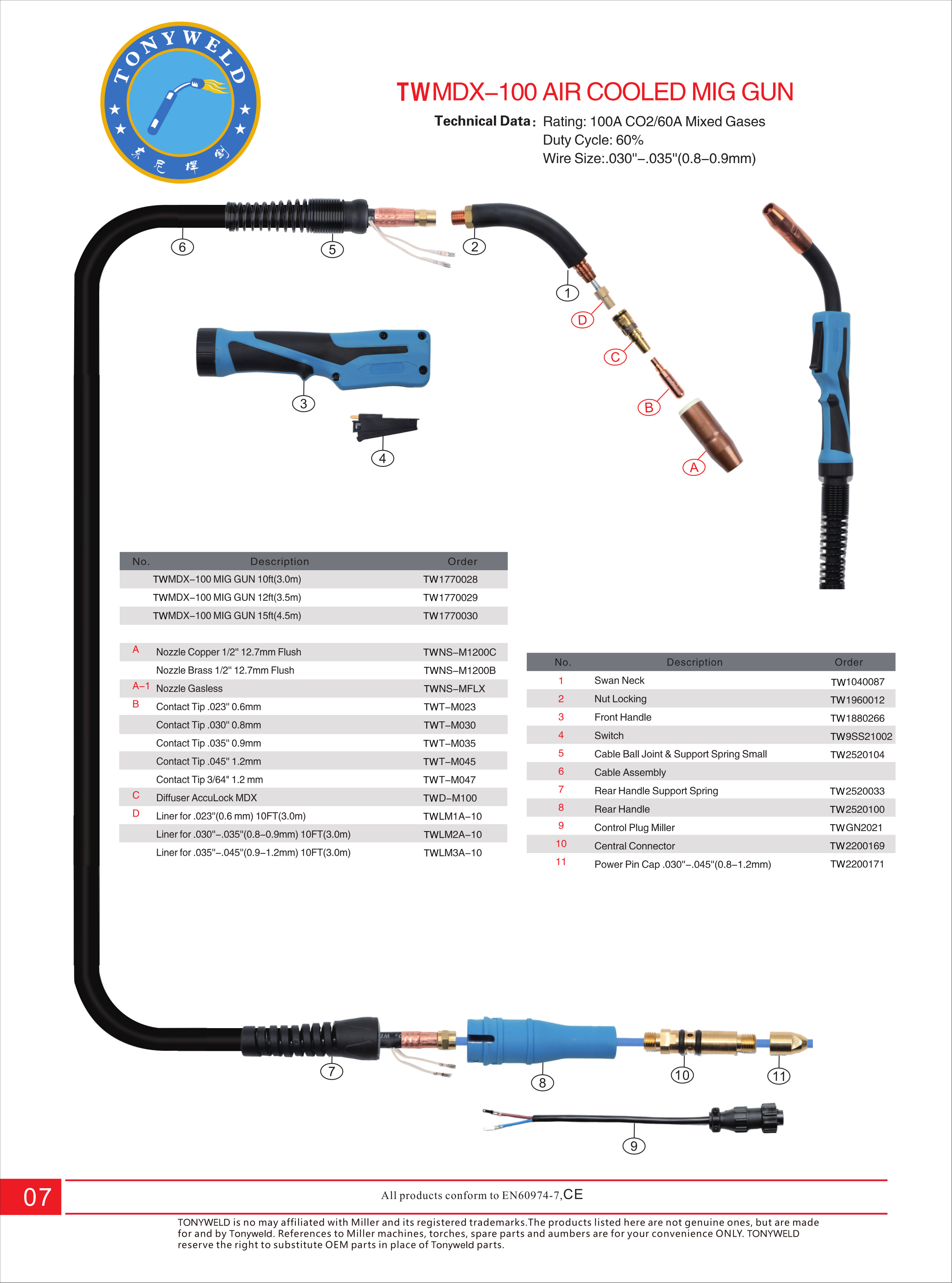 Miller Torch Mdx-100 Air Cooled 100a Co2 Mig Soldering Gun - 3m/4m/5m ...