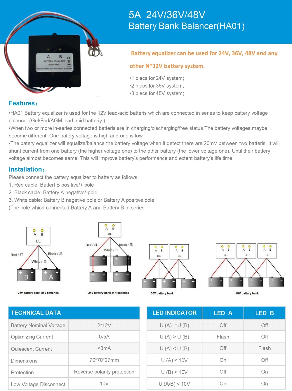 Battery Balancer Equalizer For 2 X 12v Lead Acid Battery Agm Gel 24v ...