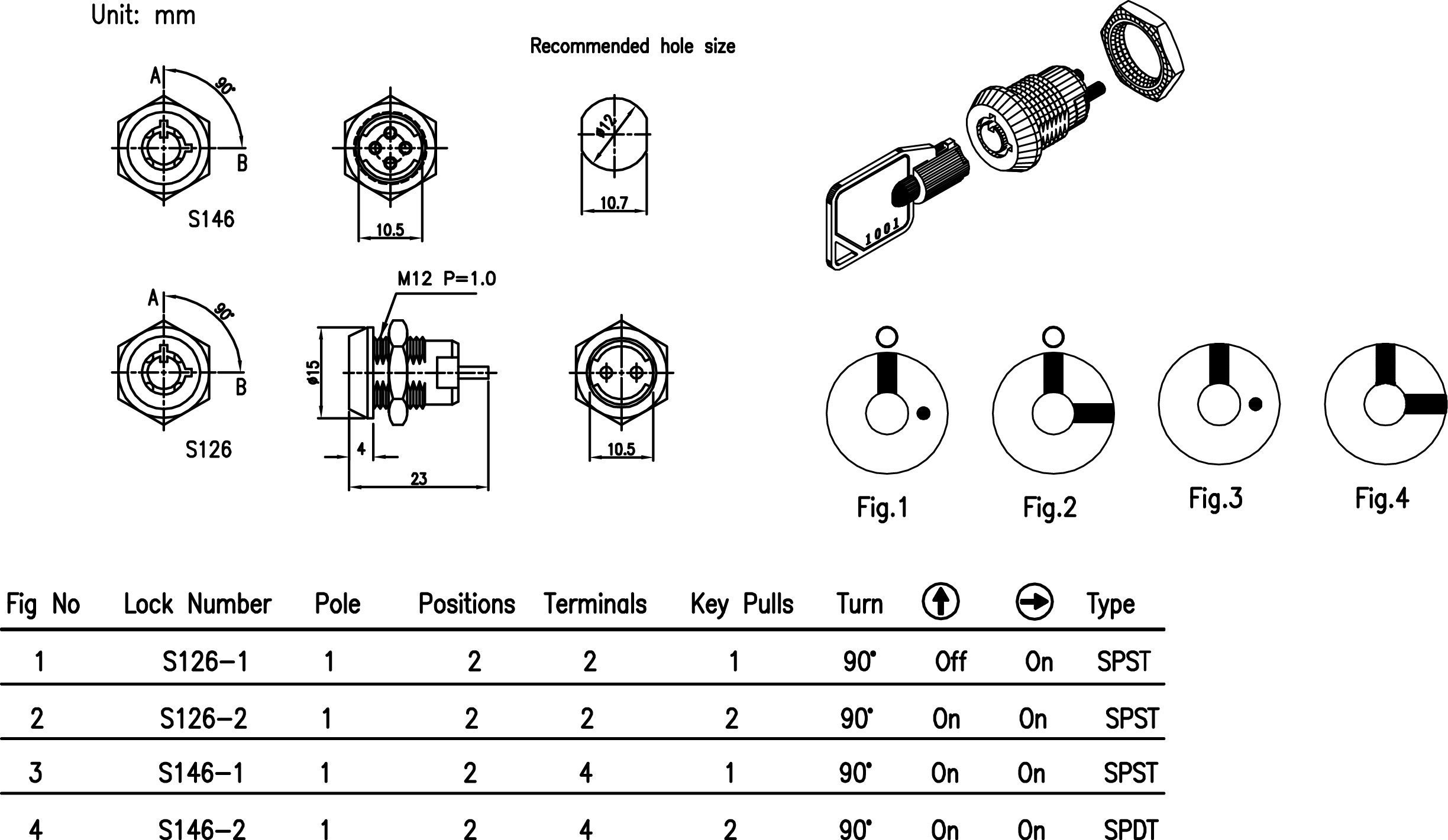12MM 4 Terminals SPDT Electric Key Switches China Manufacturers ...
