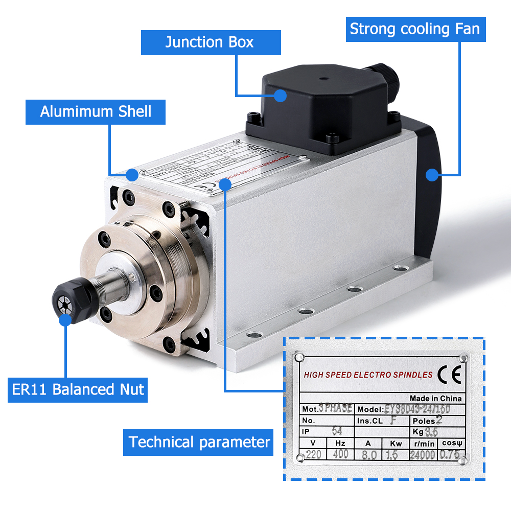 Square Spindle Motor 1.5 Kw Cnc Spindle Motor Air Cooled Kit 220v / 110 V Inverter Vfd Converter ...