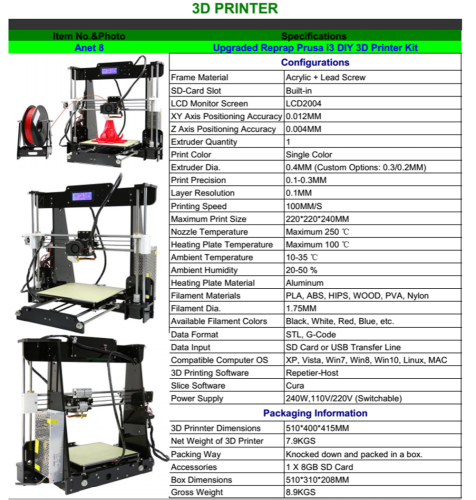 Anet A8 Desktop 3d Printer Fdm 3d Printer Machine Reprap Prusa I3 Diy ...