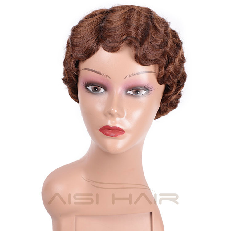 Wigs Short Curly Nanu Finger Wave Hair Wigs Pixie Cut Brown Synthetic ...