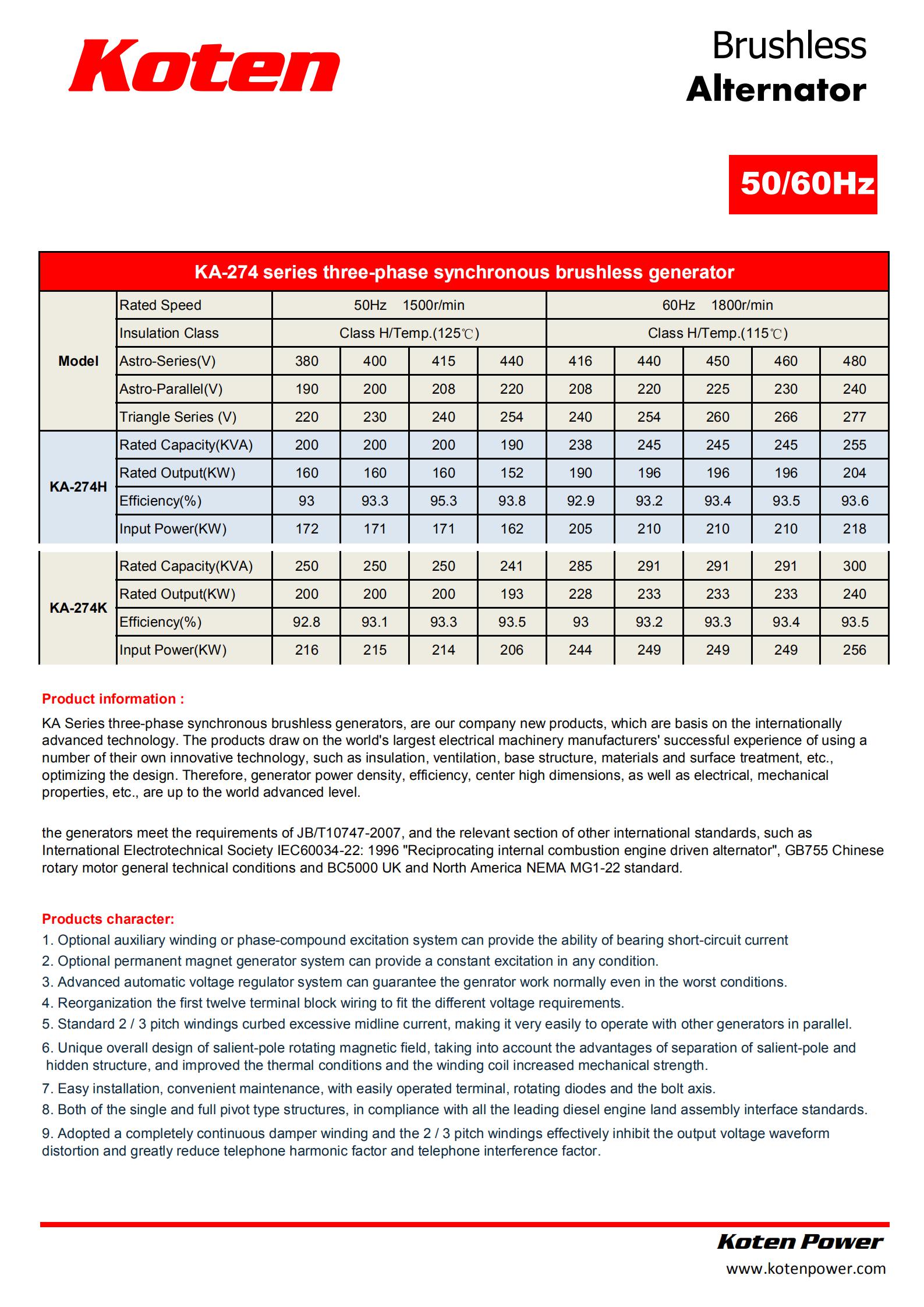 Koten Power Brushless Ac Alternator Ka274 Series With Power From 100kva ...
