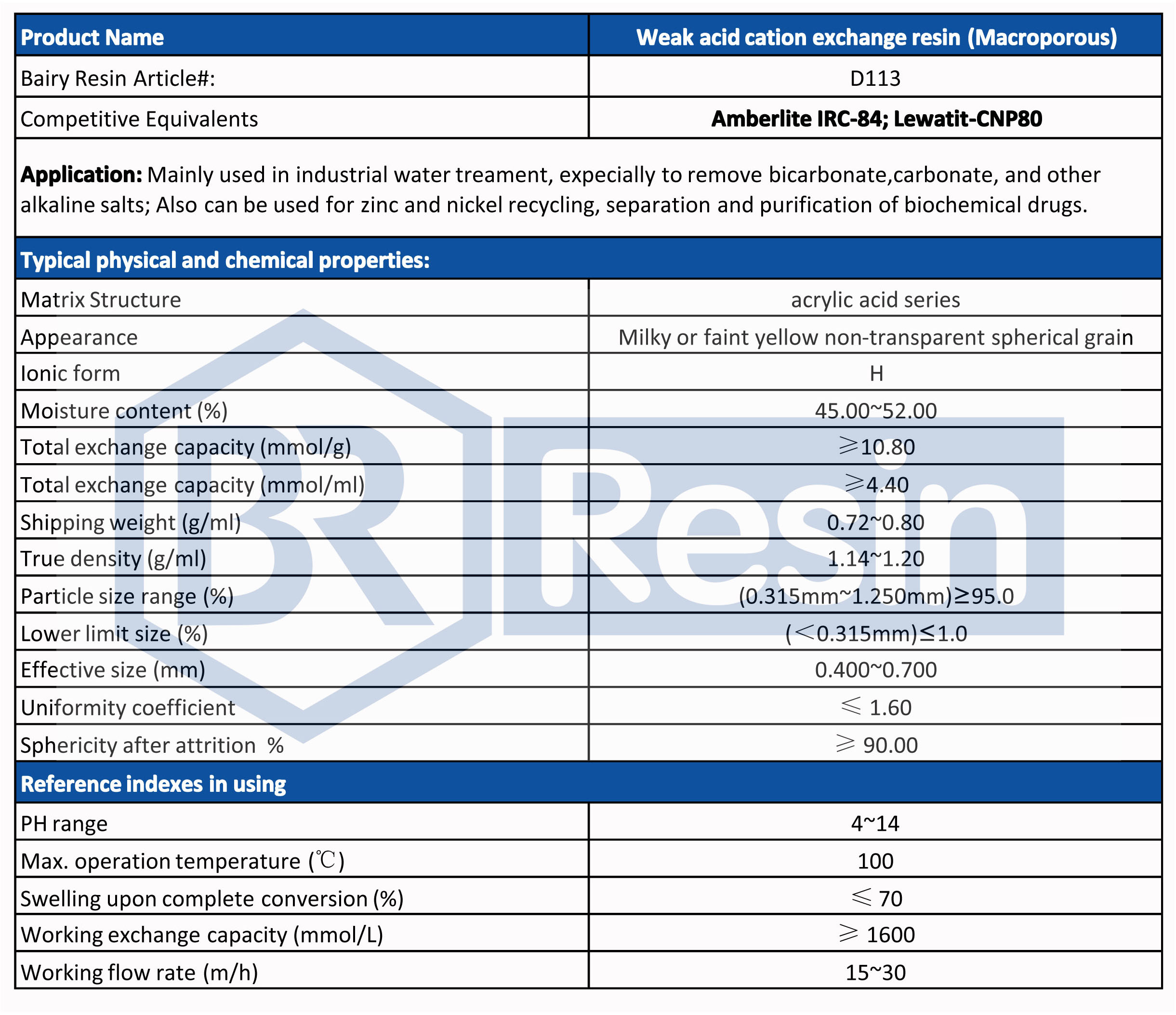 High Quality Water Treatment Weak Acdic Cation Resin D113, High Quality ...