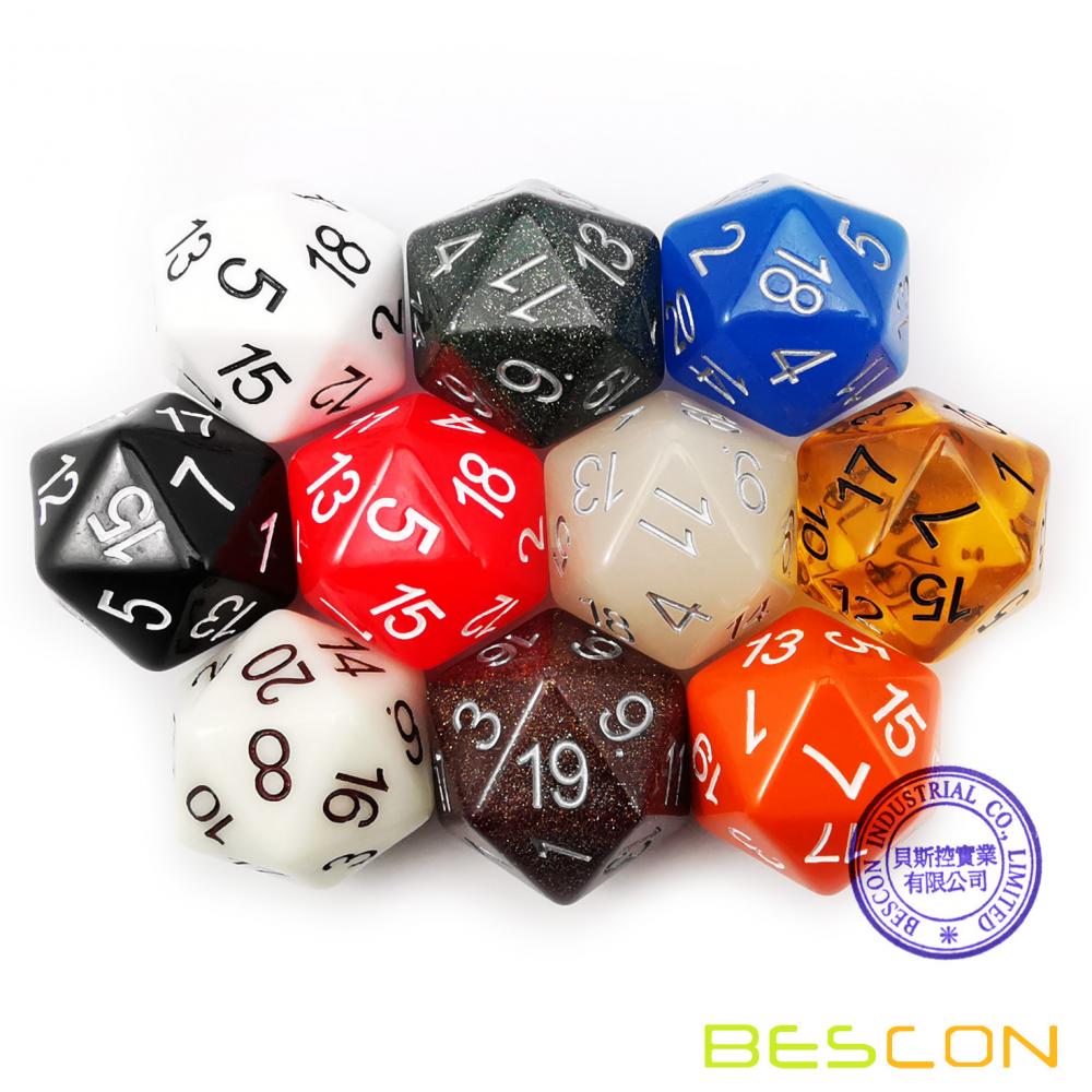 Bescon Glitter Jumbo D20 38mm, Big Size 20 Sides Dice Glitter Colors ...