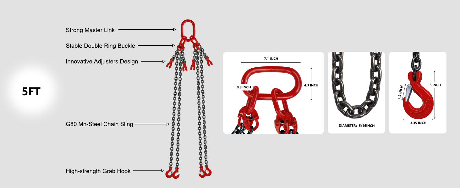 G80 Heavy Duty Lift Sling Chains For 5 Ton Engine Hoist - 10ft, High ...