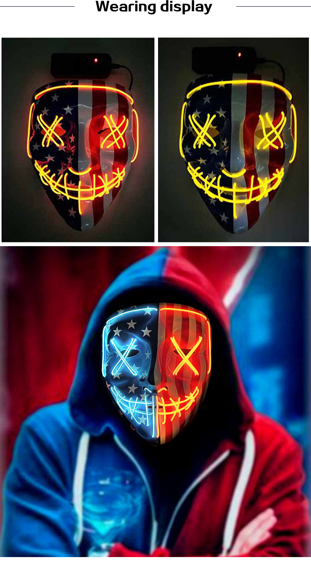 Scary Led Mask With Light-up El Wire Usa Flag Design For Party, High ...