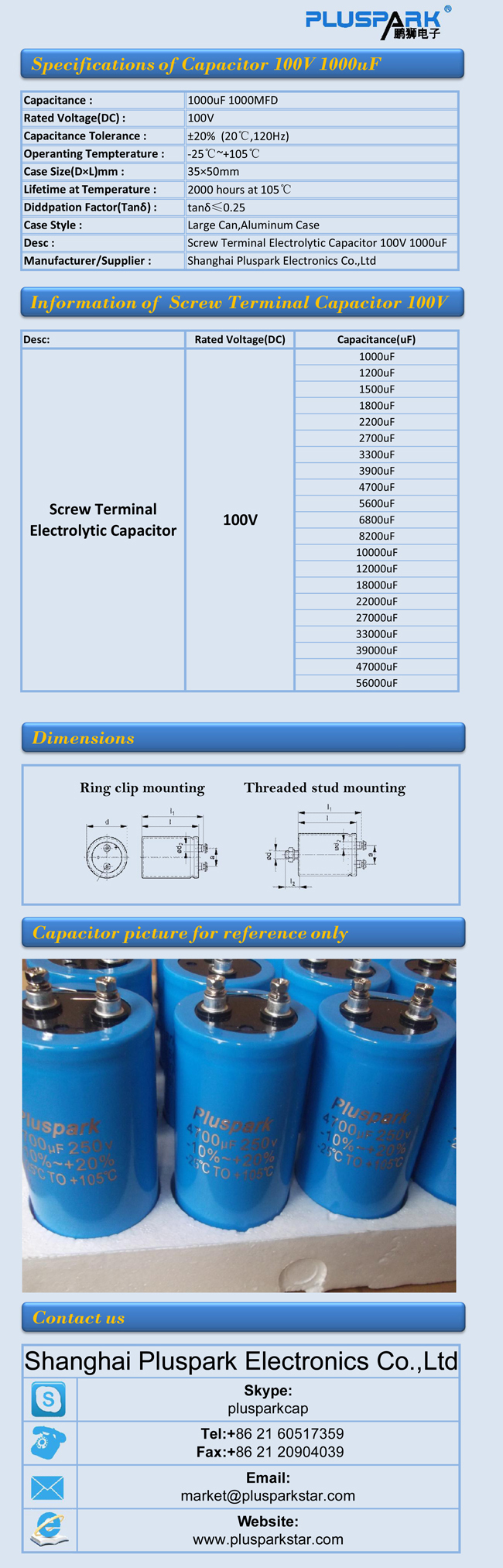 Screw Terminal 1000uf 100v Capacitor, High Quality Screw Terminal ...