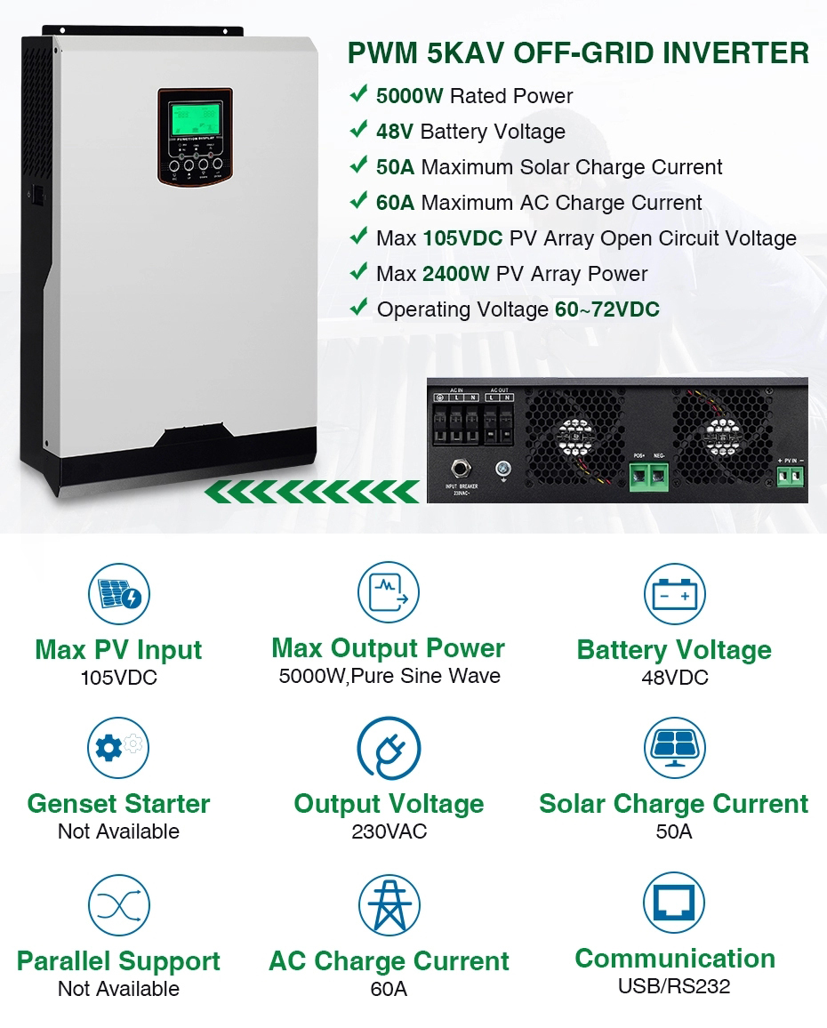 5kw Hybrid Inverter 48v 220v Pure Sine Wave Solar Inverter With 50a Pwm ...