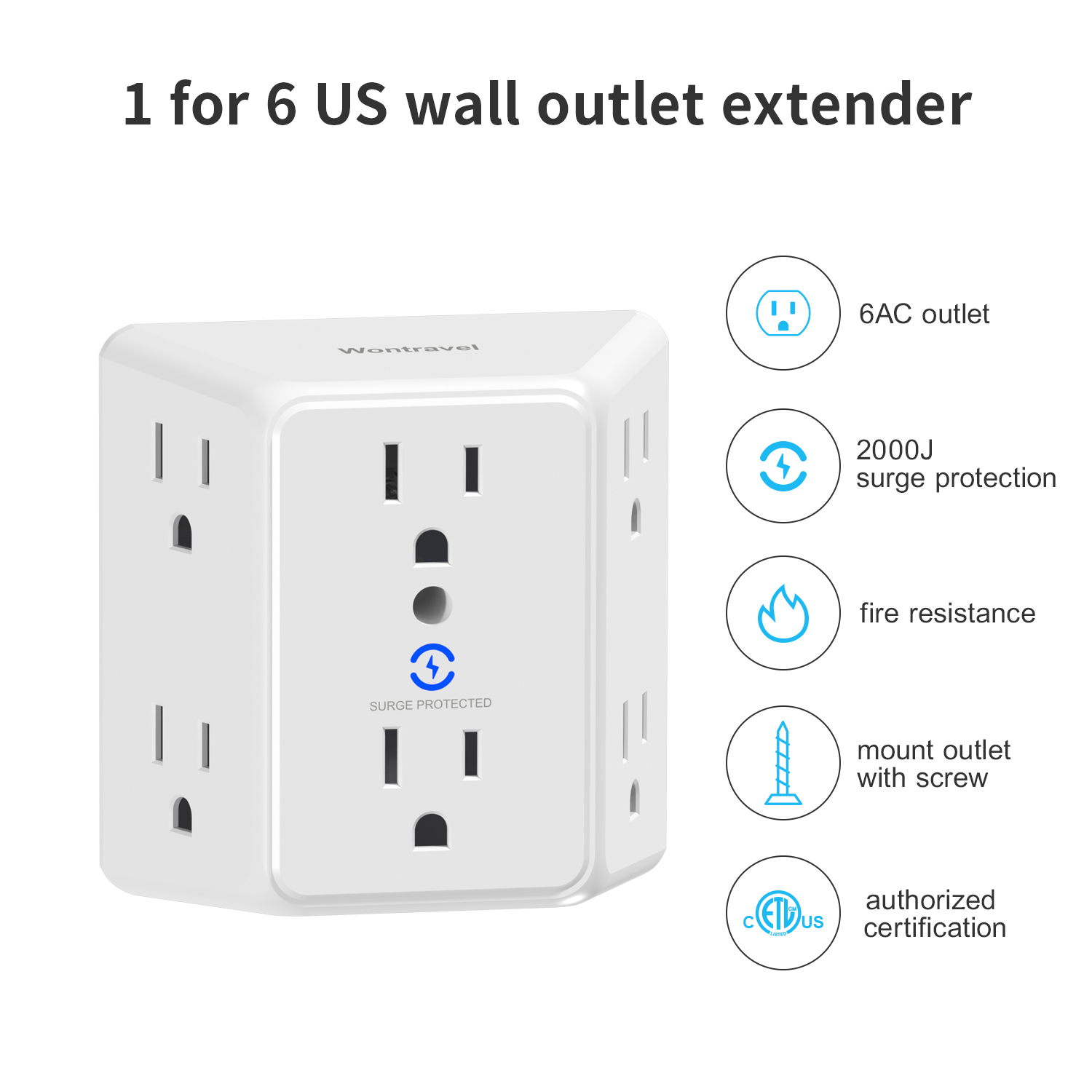 Wontravel Surge Protector Wall Outlet - Us Type Socket Extension 6 Way ...