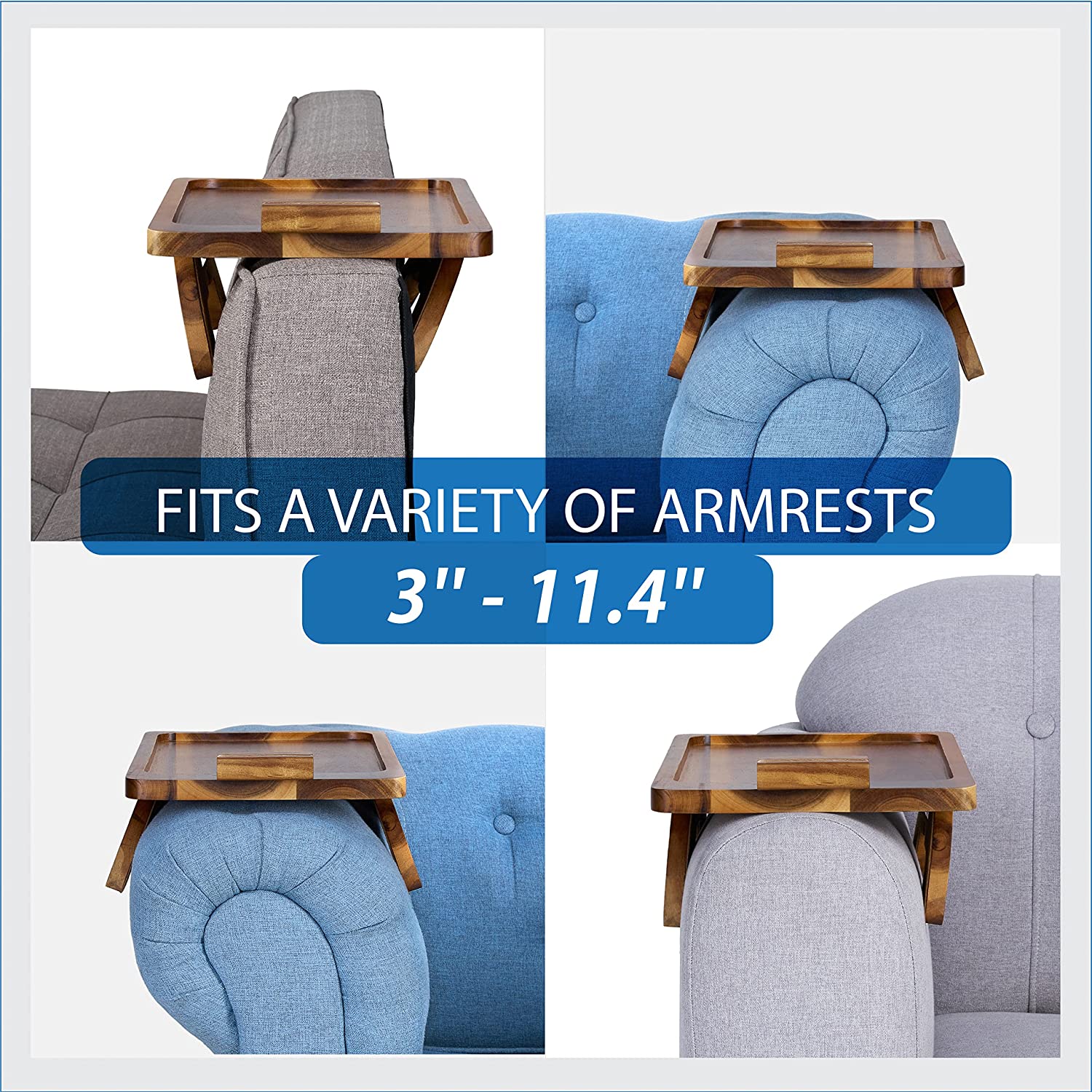 Modern Acacia Wood Sofa Arm Table With Bamboo Storage Trays, High ...