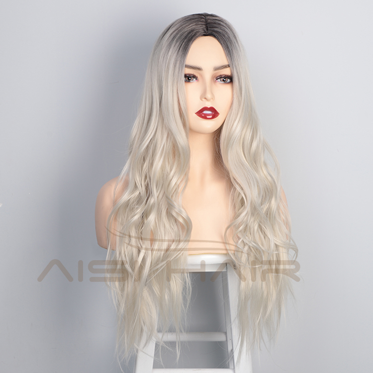 Aisi Hair New Design Long Wavy Synthetic Ombre Silver Dark Root Wigs ...