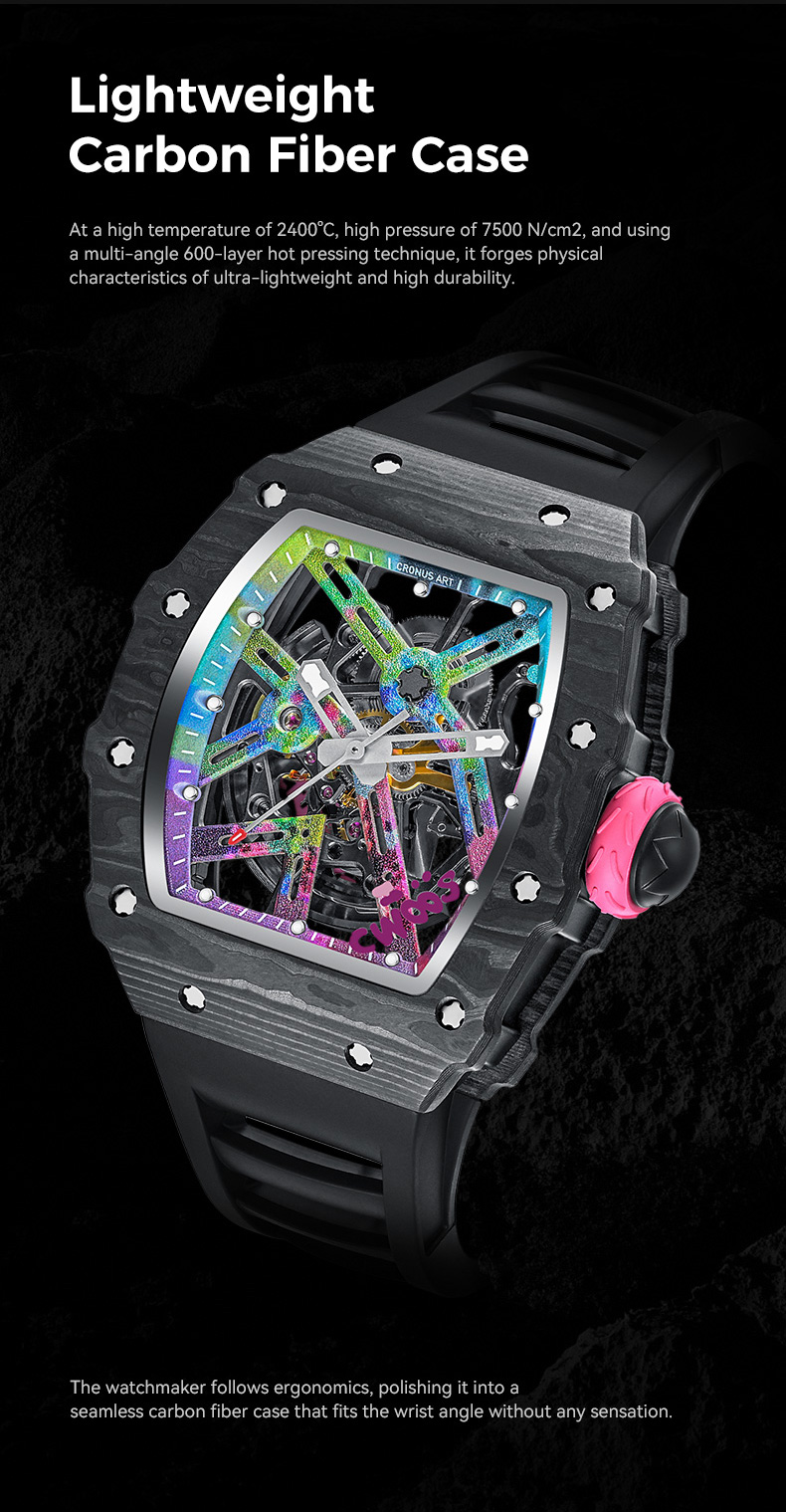 Men's Luxury Skeleton Watch With 42mm Red Carbon Fiber Tonneau-shaped ...