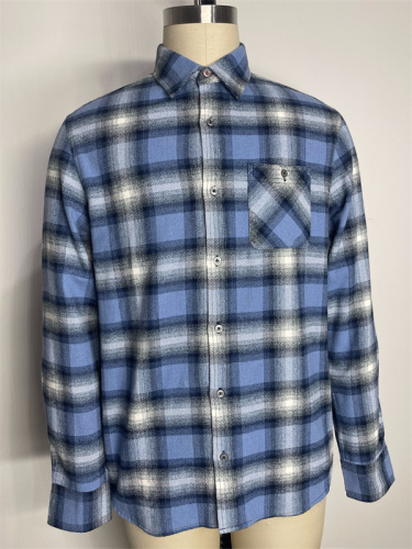 Blue Single Pocket Flannel Plaid Shirt, High Quality Blue Single Pocket ...