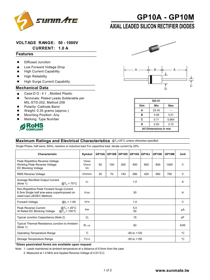 Gp10k Rectifier Diodes Do-41 Sunmate Brand 1a 800v Superia, High ...